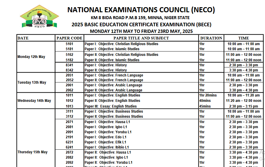 BECE Timetable For JSS3 2025/2026 And Grading System » Servantboy
