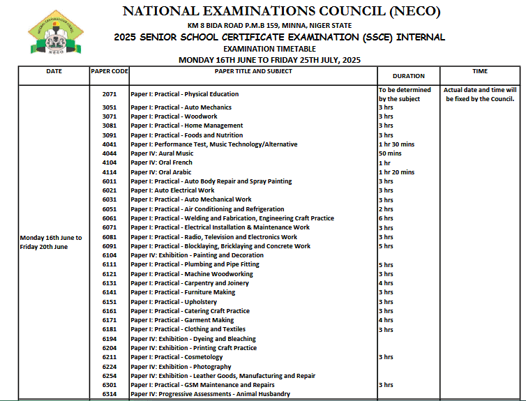 NECO Timetable 2025 SSCE Internal With PDF » Servantboy