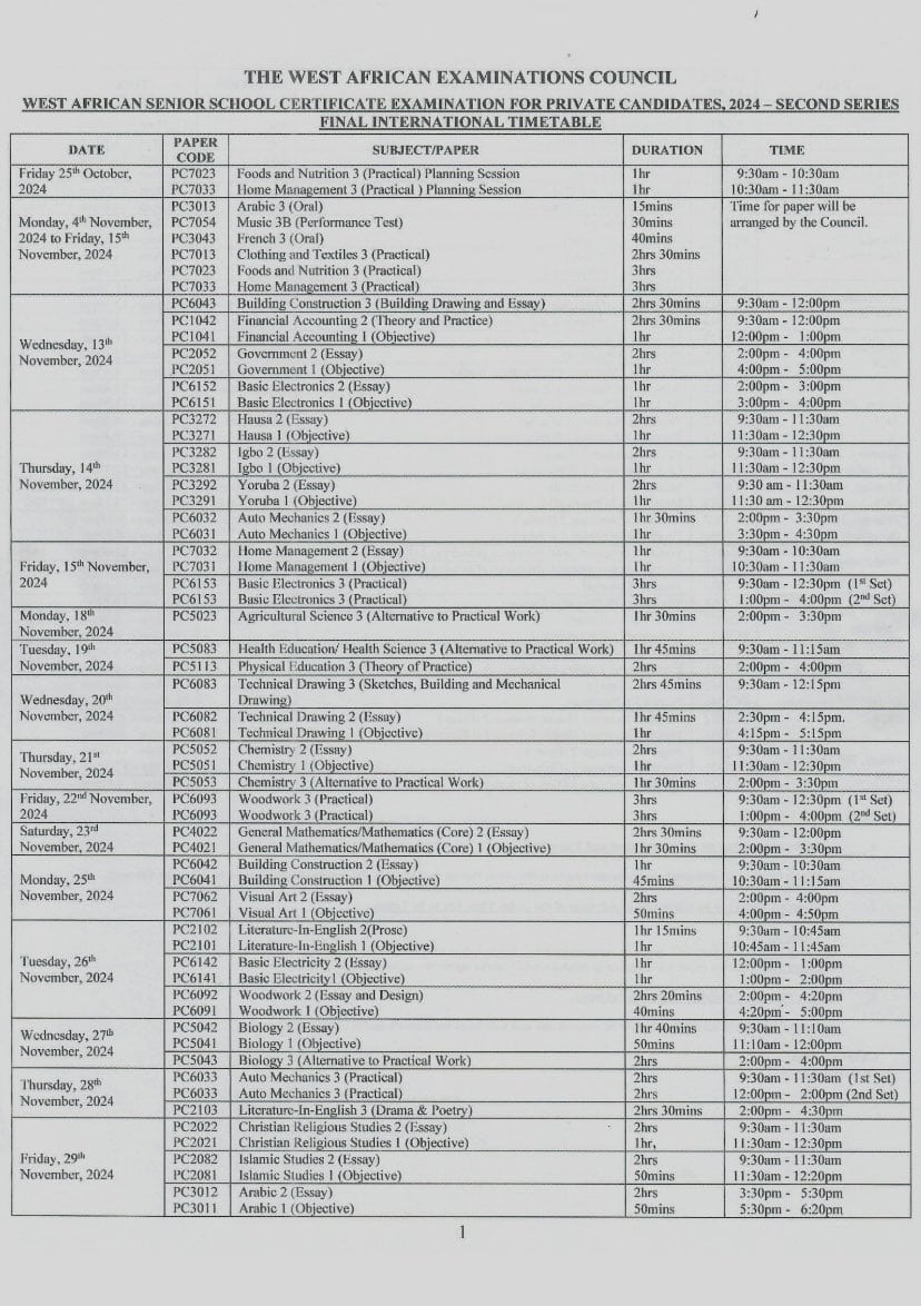 WAEC Releases GCE Timetable For Second Series 2024/2025 » Servantboy