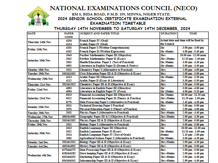 NECO GCE Timetable 2024/2025 (SSCE External) » Servantboy