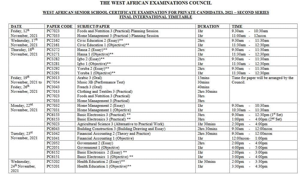 WAEC GCE Timetable 2021/2022 - Second Series » Servantboy