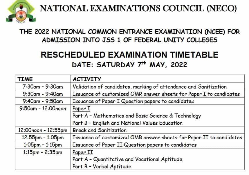National Common Entrance Examination (NCEE) Timetable 2022/2023 ...