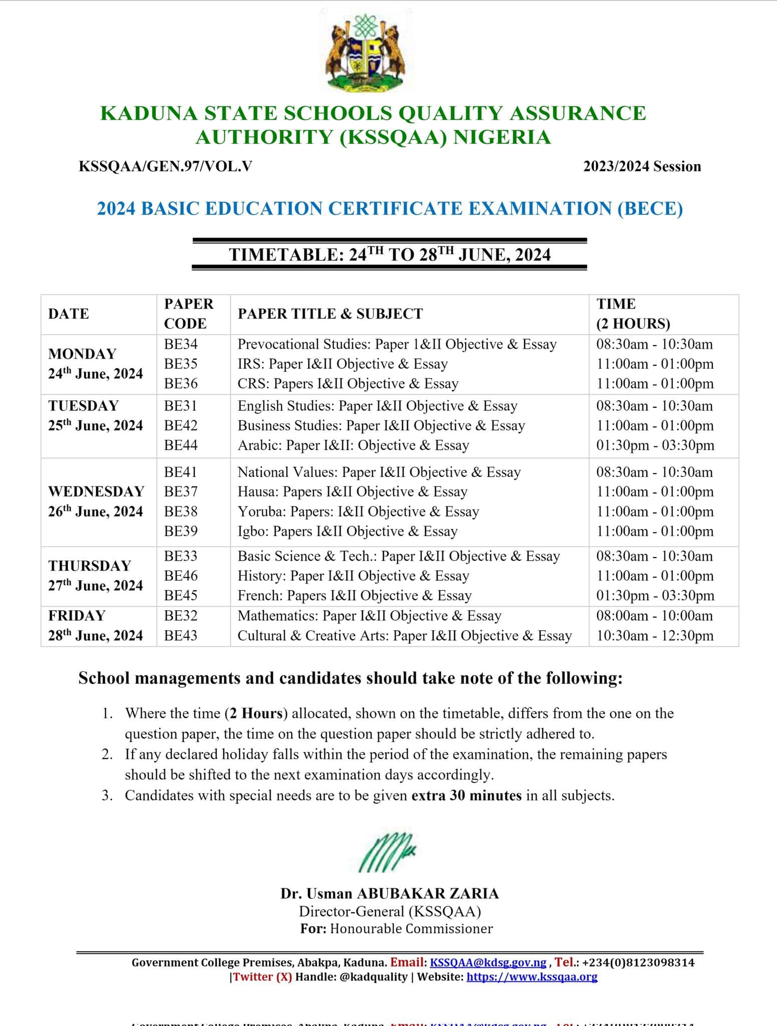 KSSQAA Released Kaduna State BECE Timetable 2024 » Servantboy